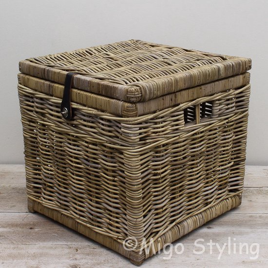 Migo Styling - Opbergmand - Met deksel - Vierkant - lederen sluiting 50x50xH50 - Riet... | bol