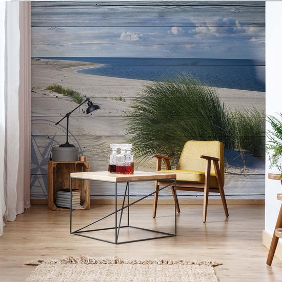 Fotobehang - Vlies Behang - Strand en Zee op Houten Planken - 104 x 70 ...