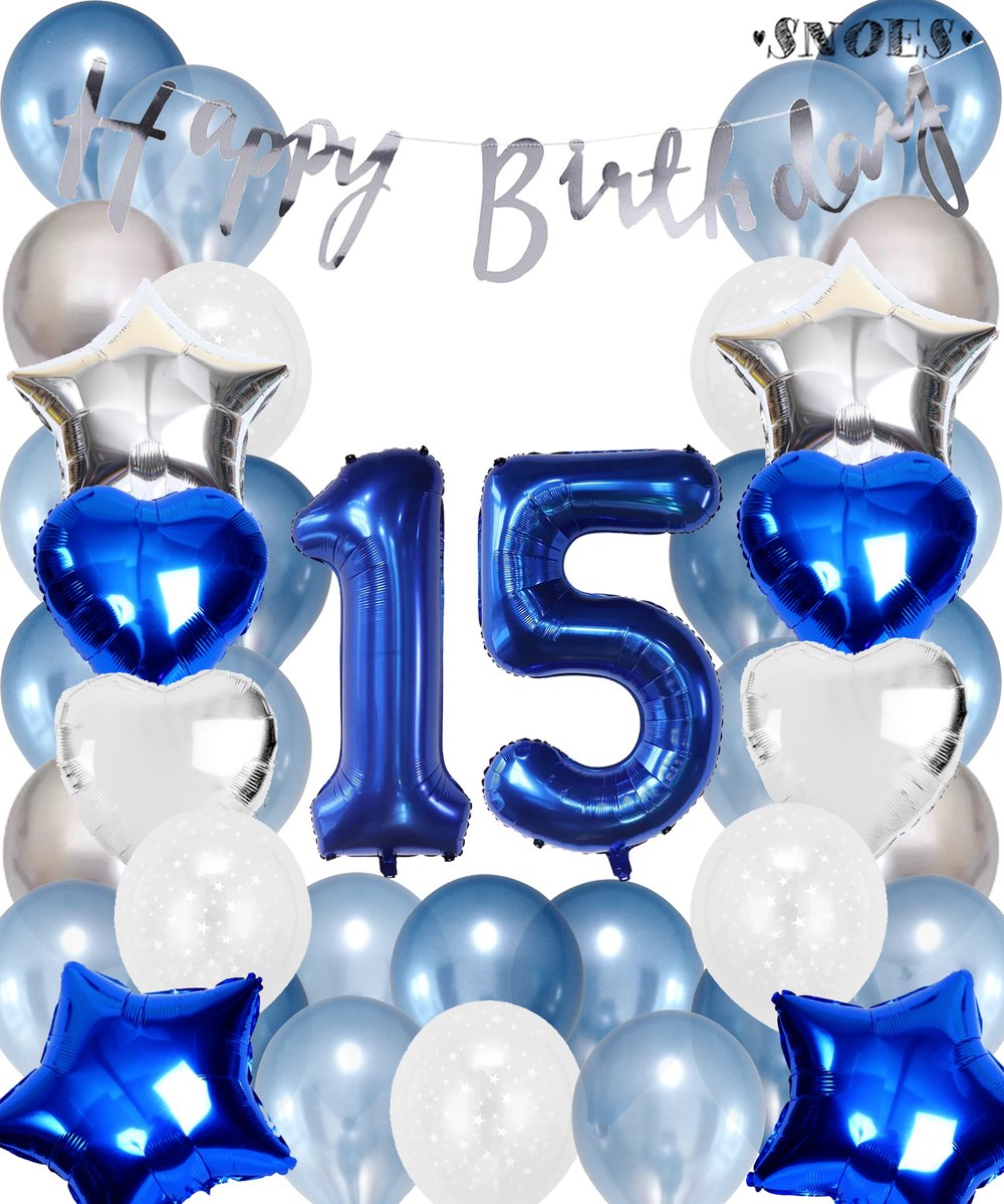 Snoes Ballonnen 15 Jaar Set Mega Blauw Zilver Ballon - Compleet Feestpakket... | bol.com