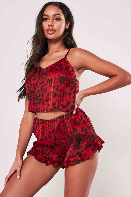 AMARANTA-Satin Cami Pyjama Set with Leopard design in rood-Sexy pyjama ...