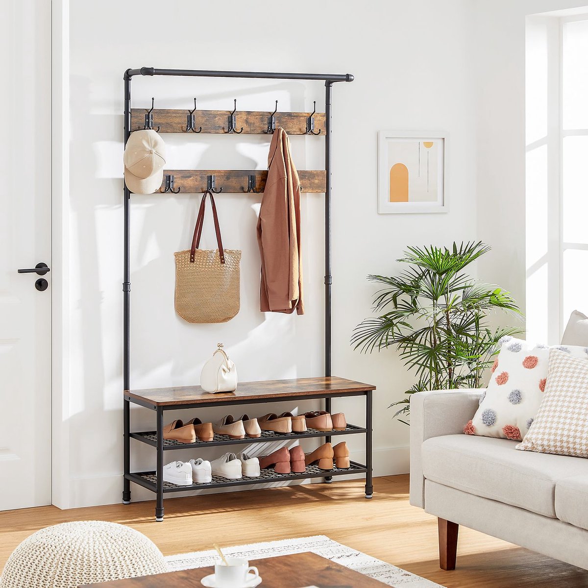 Garderobe - Met bankje - Grote kapstok - Met 9 haken - Schoenenrek ...