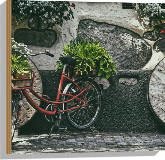WallClassics - Hout - Rode Fiets versierd met Planten tegen Stenen Muur ...