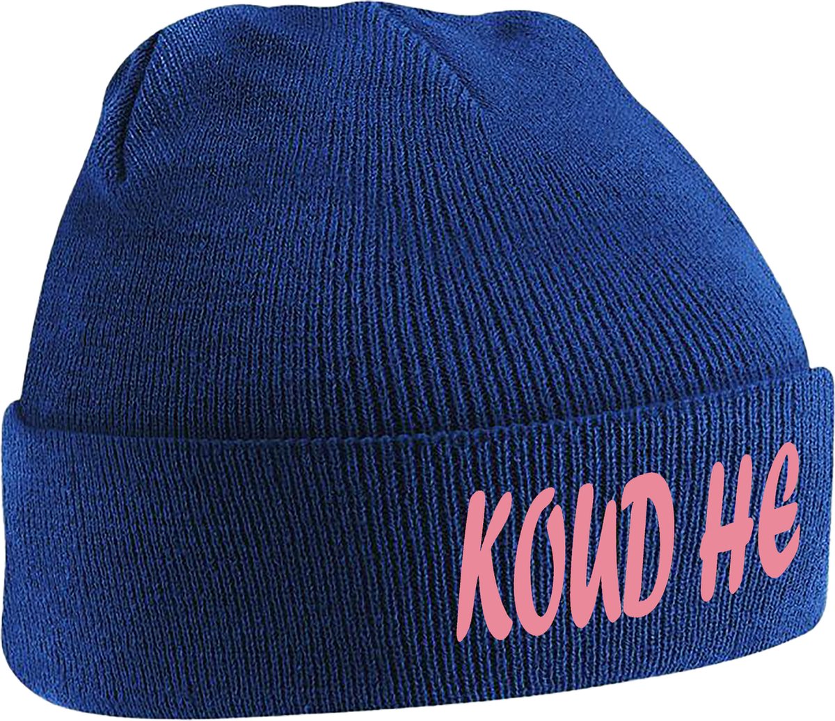 KOUD HE uniseks kinder muts - Blauw met roze tekst - Beanie - One Size ...