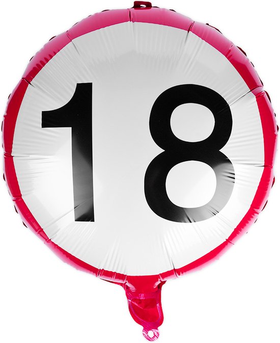 Folie ballon gekleurd | 18 jaar | 35 cm | wit | rode rand | zwarte ...