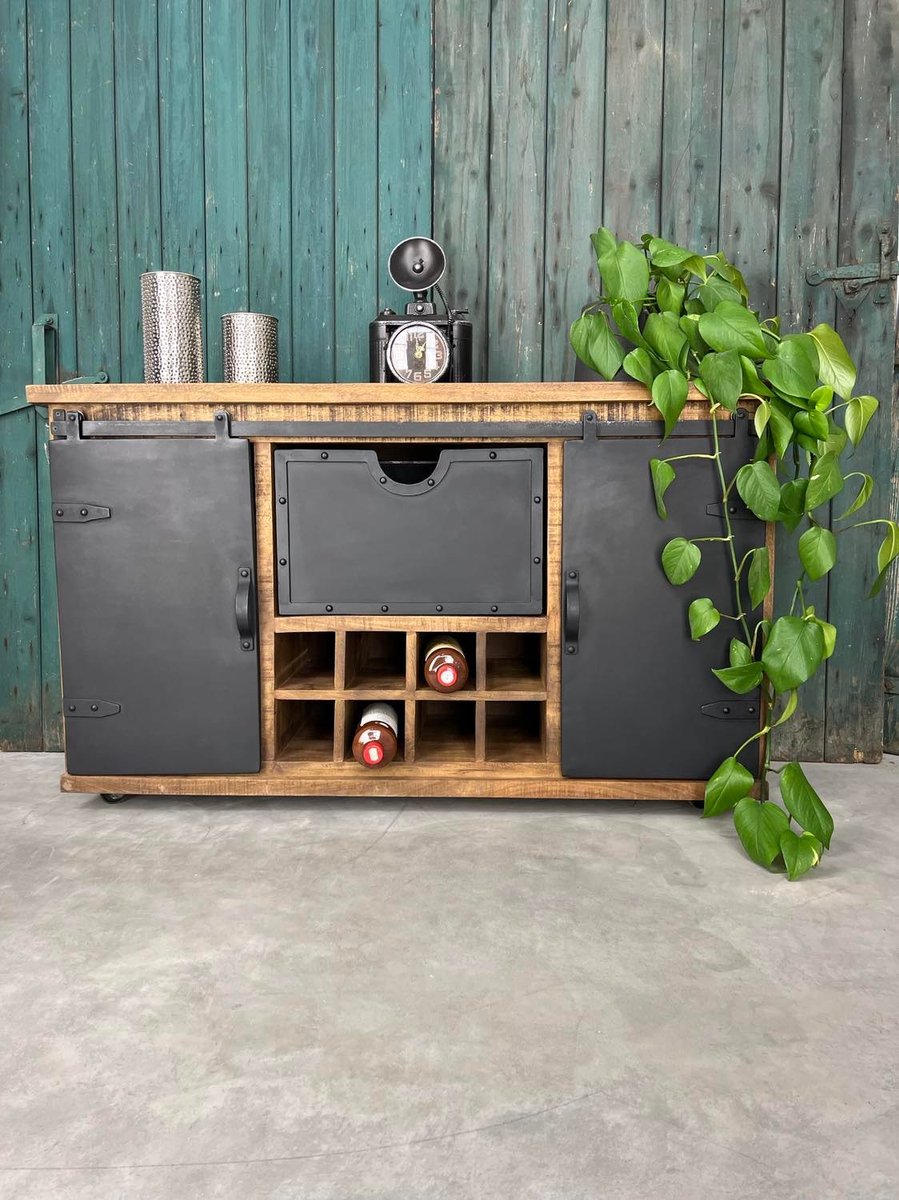 Rootsmann | Wijnkast Bruin - Drankkast met Schuifdeur - Dressoir Hout ...