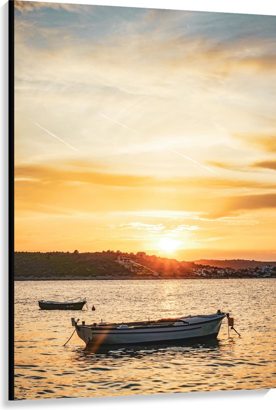 Canvas - Bootje op Zee met ondergaande Zon - 100x150 cm Foto op Canvas ...