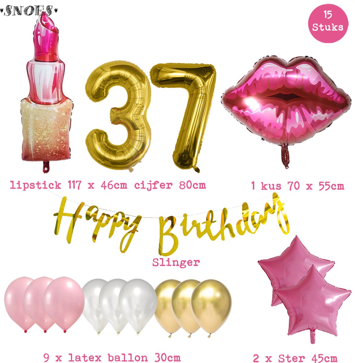 Snoes Beauty Helium Ballonnen Set 37 Jaar - Roze Folieballonnen ...