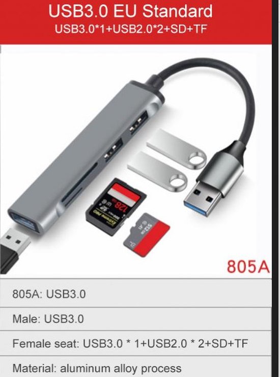5in1 Usb 3.0 Multipoort Splitter Adapter Met Sd Tf Poorten Kaartlezer | bol