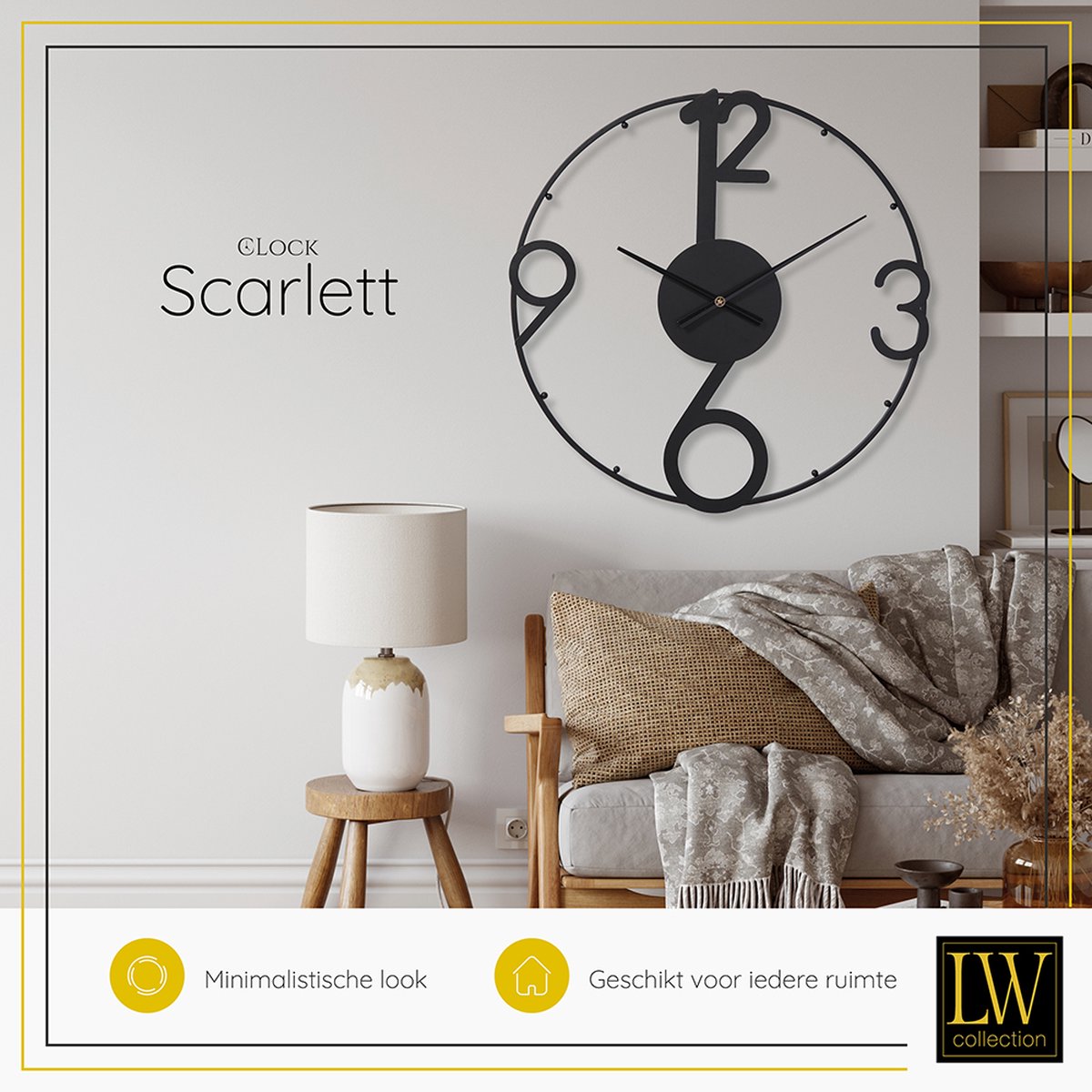 LW Collection Moderne Zwarte wandklok 80cm - Grote industriële wandklok ...