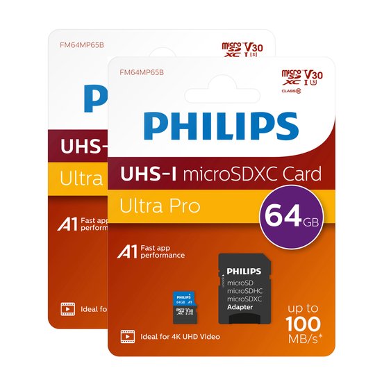 Philips FM64MP65B Micro SDXC kaart - 64GB incl. adapter - Class 10 - UHS-I U3 - 2-Pack | bol