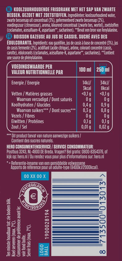 Hero Cassis Zero Frisdrank Blikjes - The Original - Gemaakt van Zwarte ...