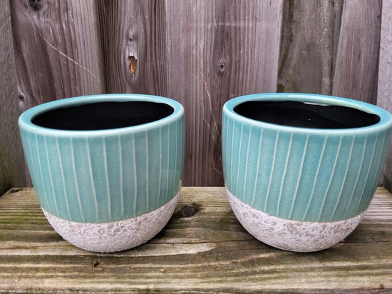 Set van 2 Handgemaakte Bloempotjes Geglazuurd Aardewerk Turquoise | bol.com