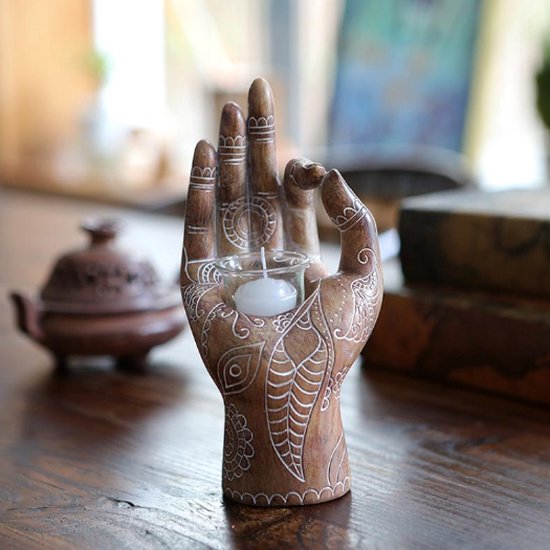 Houder voor Waxinelichtjes - Hand van Buddha - Hout | bol