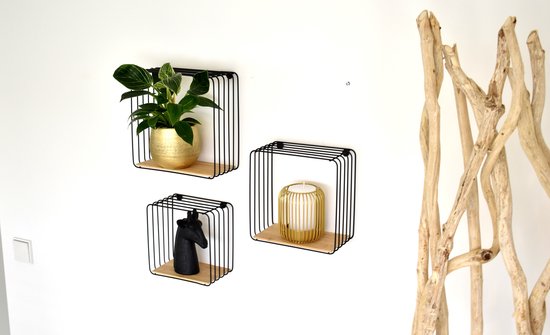 Wandrek set vierkant industrieel zwart - Wandrekjes metaal zwart - wandplank Cavoo set... | bol