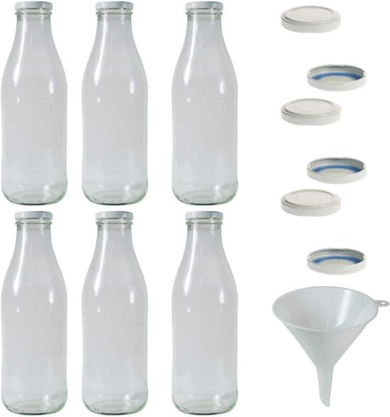 mikken 6x glazen fles 1 liter met 12x PVC-vrije schroefdop incl ...