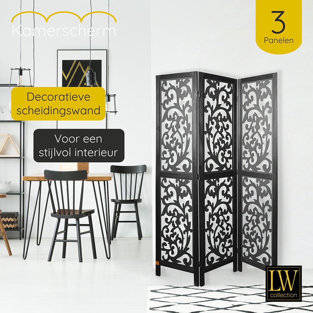 LW Collection Kamerscherm zwart hout - kamerschermen 3 panelen ...