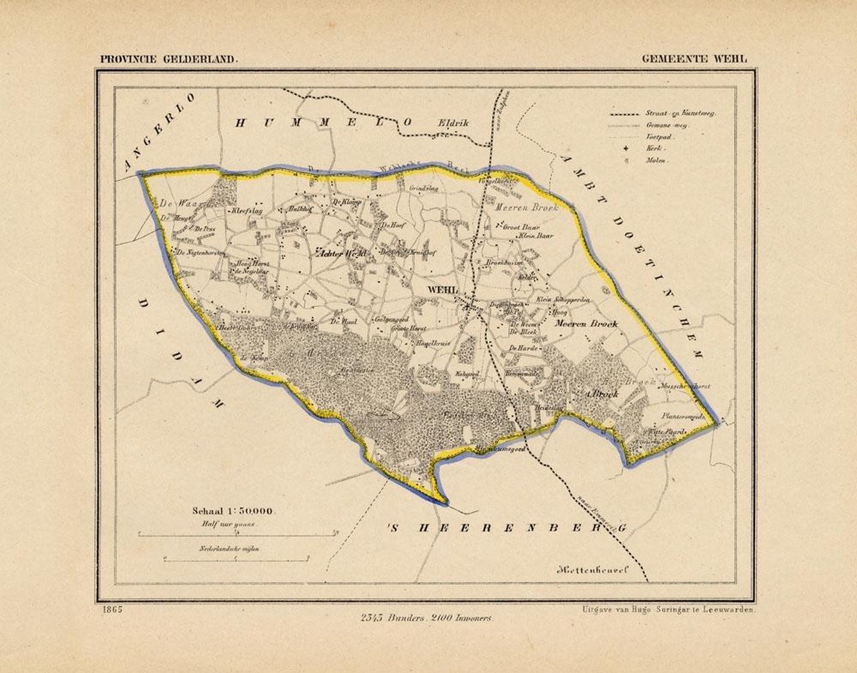 Historische kaart, plattegrond van gemeente Wehl in Gelderland uit 1867 ...