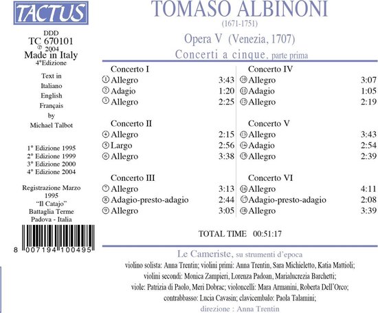 Le Cameriste, Anna Trentin - Albinoni: Opera V, Concerti A Cinque ...