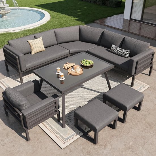 Halve Maan Loungeset Tuin 8 Personen 5-Delig met Glazen Tafel, Stoel en ...