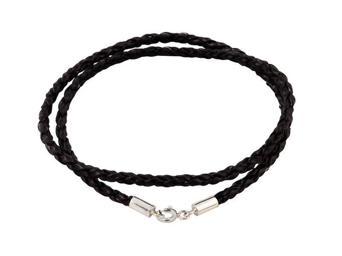 AuBor ®. Gevlochten leren ketting met zilveren sluiting. Zwart. 4mm × ...