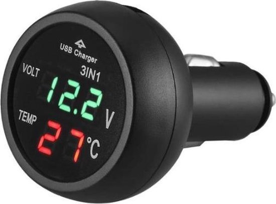 VST 3-in-1 Voltmeter Auto - Thermometer - USB-Lader - Groen Display ...