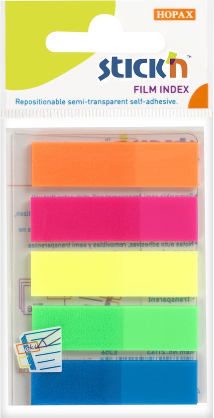 Stick'n Film Index tabs - 45x12mm, 5x neon assorti kleuren, totaal 125 ...