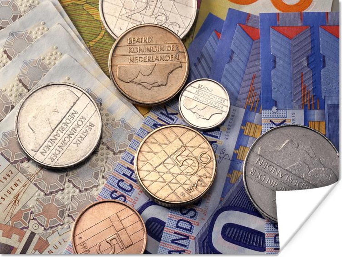 Poster Een verzameling Nederlandse guldens in de vorm van munt en ...
