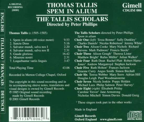 Tallis: Spem in Alium etc / The Tallis Scholars, Peter Phillip | CD ...