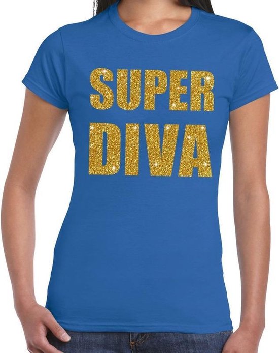 Super Diva gouden glitter tekst t-shirt blauw dames - dames shirt Super ...