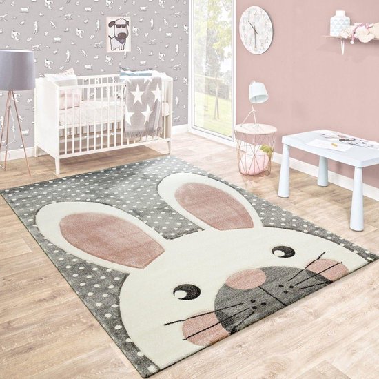 Trendy Kinder Vloerkleed Tapijt Konijn Grijs Crème Roze 120 x 170 cm ...