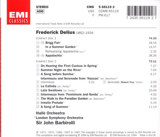 Delius: Orchestral Works / Barbirolli, Tear, Jenkins, Sir John ...
