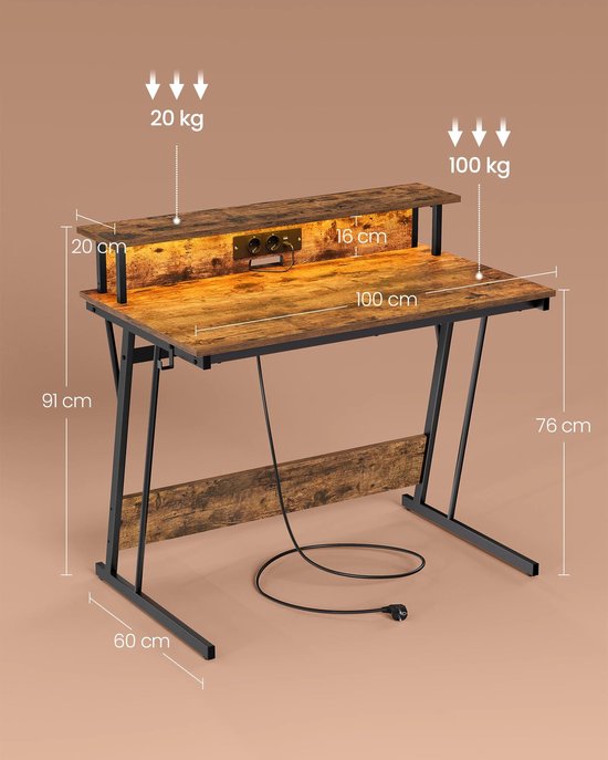 Sattire Computertafel met Stopcontacten & LED-Verlichting – Modern ...