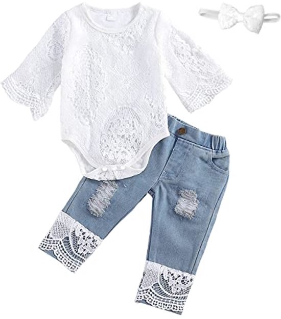 Schattige Baby Meisje Kleding Set met Kant, Ruche en Flare Denim Broek ...