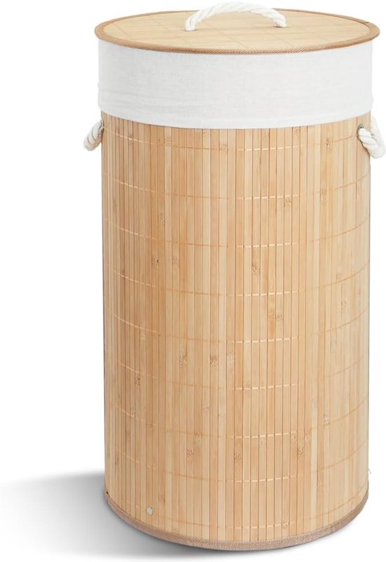 Ronde Wasmand van Bamboe met Deksel en 2 Uitneembare Waszakken ...