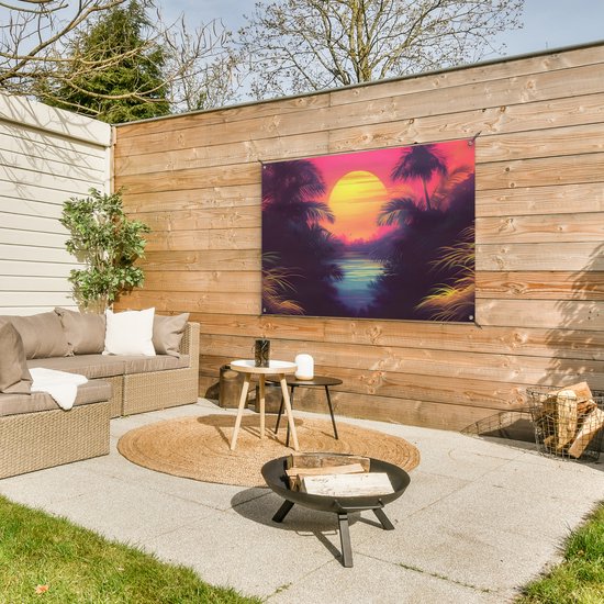 Tuinposter 120x80 cm - Tuindecoratie Zon - Geel - Palmbomen - Tropisch ...