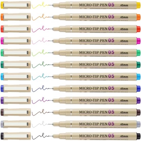 Kleurrijke Fineliner Pen Set met 12 Kleur - 0,5 mm Micro Pens voor ...