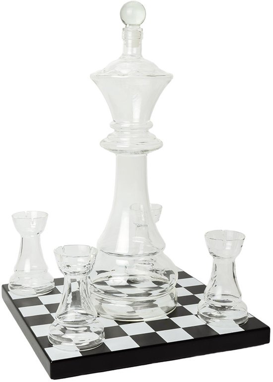 Chess Decanter Set – 750 ml queen-karaf + 4 rookglazen – Op houten ...