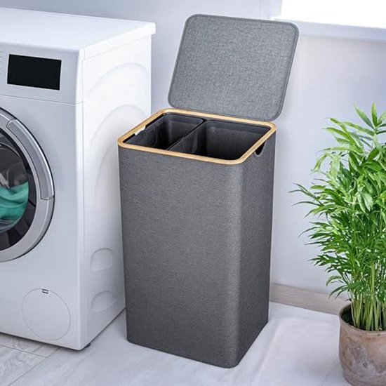 Wasmand met Deksel en 2 Vakken - 100L Grijs - Smal & Hoog ...