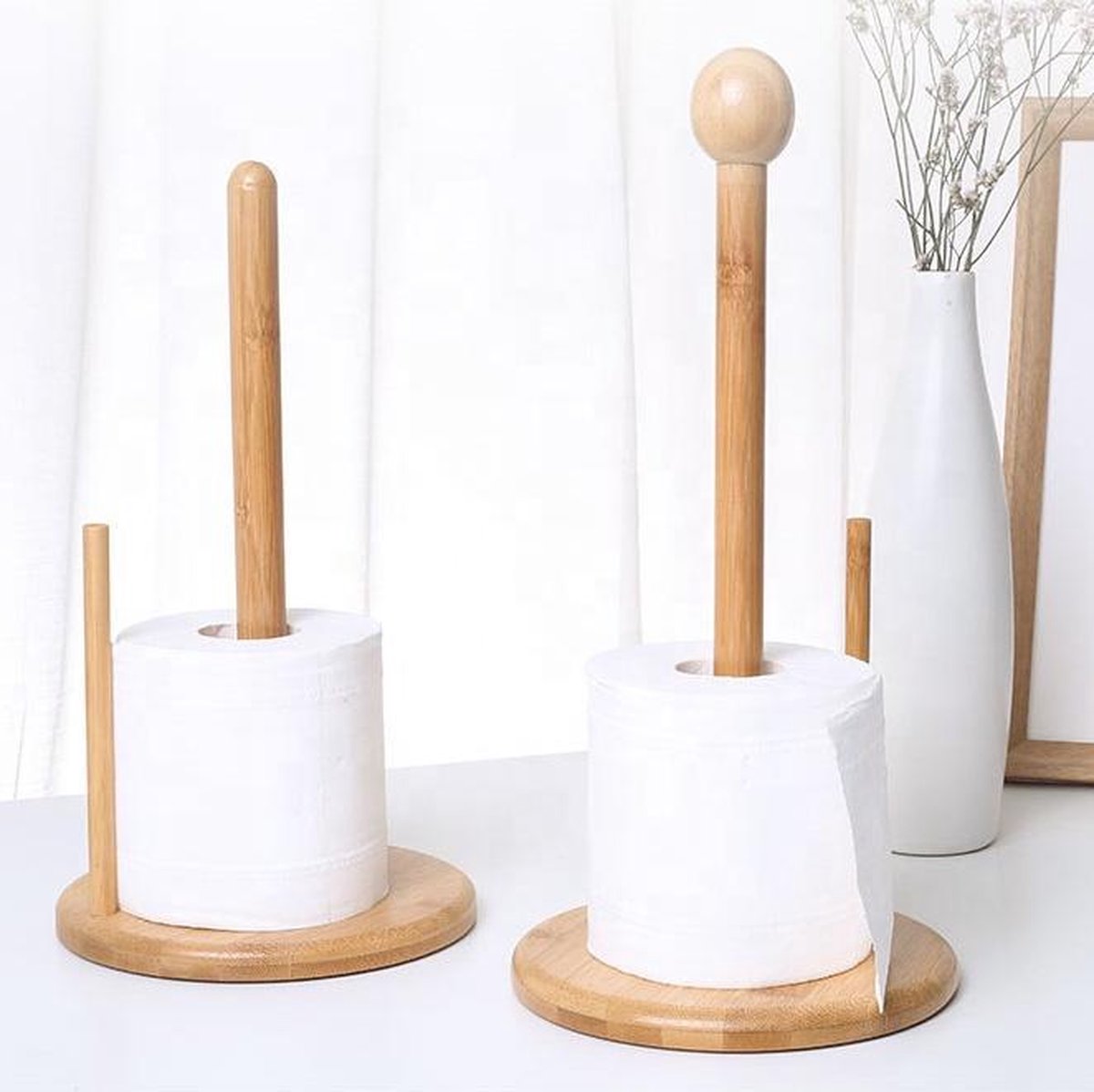 Luxe bamboe keukenrolhouder / wc rolhouder staand met scheurhulp van ...