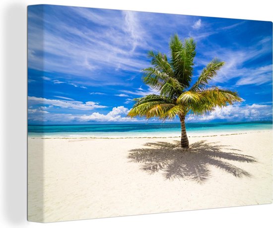 Canvas Schilderij Kokospalm op het zand bij Moorea in Oceanië - 60x40 cm - Wanddecoratie | bol.com