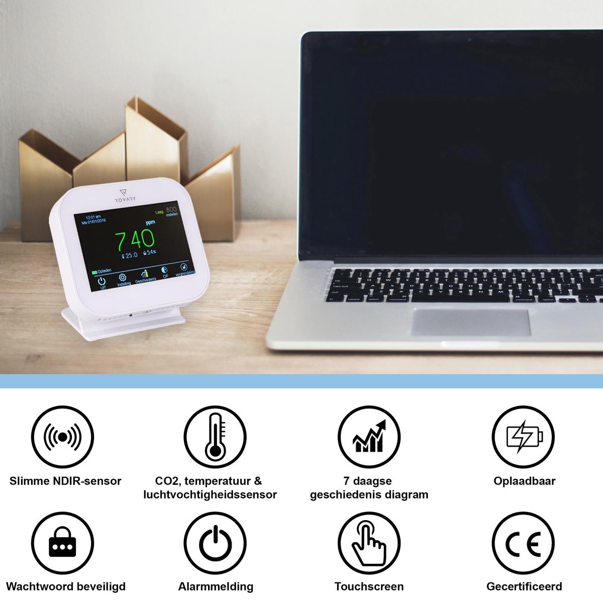 Rovary CO2 meter – Luchtkwaliteitsmeter – CO2 meter binnen – CO2 melder ...
