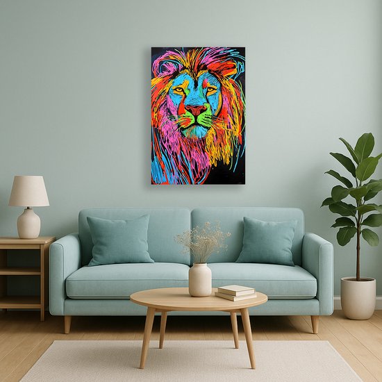 Neon leeuw - Kunstobject - Canvas schilderij - 75x100 cm | bol