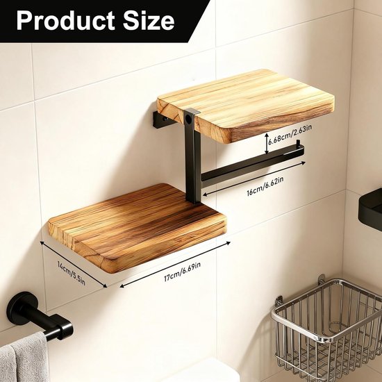 Wandgemonteerde WC-rolhouder met Houten Plank voor Opslag - Vintage ...
