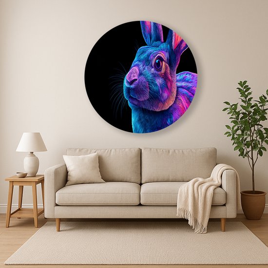 Neon konijn - Rond kunstwerk - Dibond muurcirkel - 40x40 cm | bol