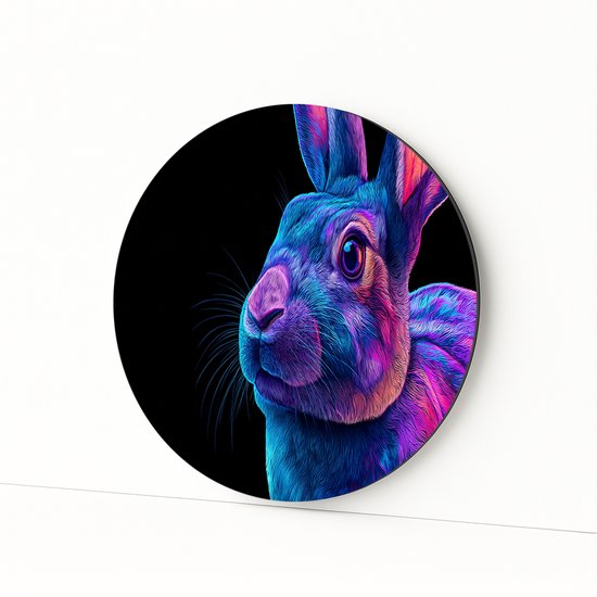 Neon konijn - Rond kunstwerk - Dibond muurcirkel - 40x40 cm | bol