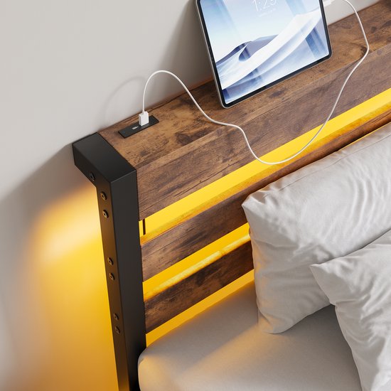 REDOM Bedframe 90x200 cm van metaal & hout, met LED en USB-ladestation ...