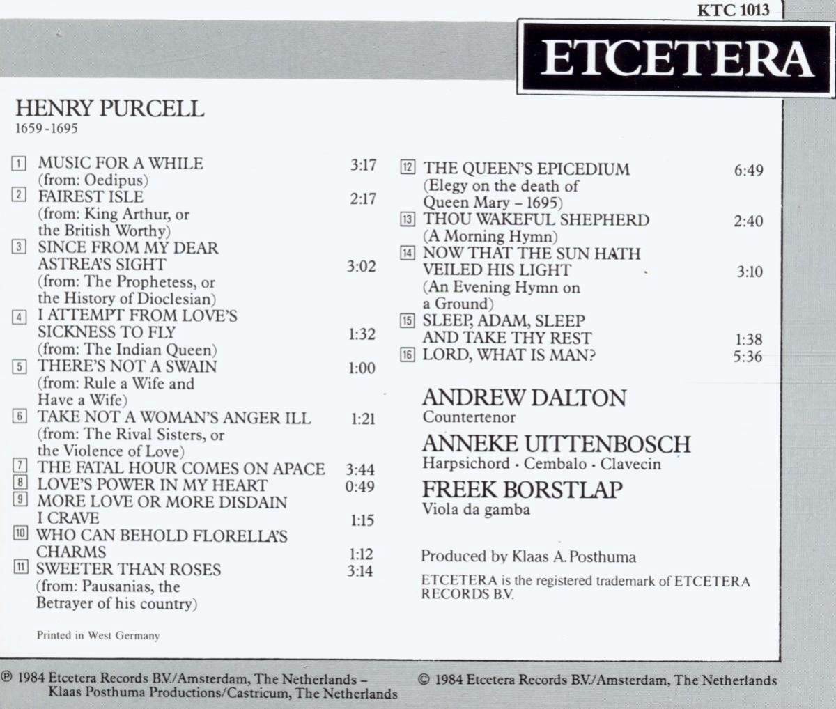 Andrew Dalton, Anneke Uittenbosch, Freek Borstlap - Purcell: Songs (CD ...