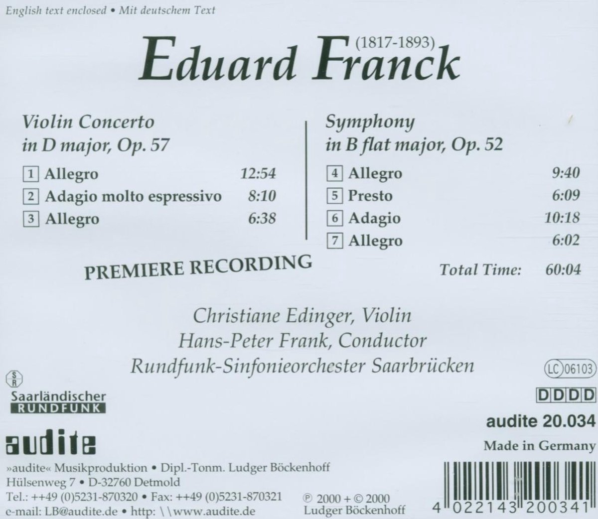 Christiane Edinger & Rundfunk-Sinfonieorch Saarbrücken - Franck ...