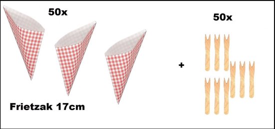 50x Frietzak rood/wit geruit 17cm papier + 50x houten frietvorkje ...