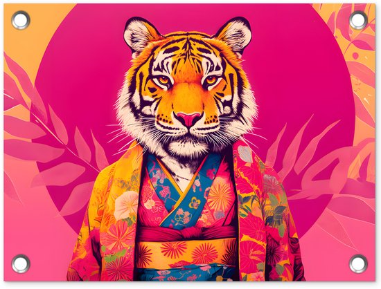 Tuinposter 40x30 cm - Tuindecoratie Tijger - Kimono - Planten - Roze - Poster voor in... | bol